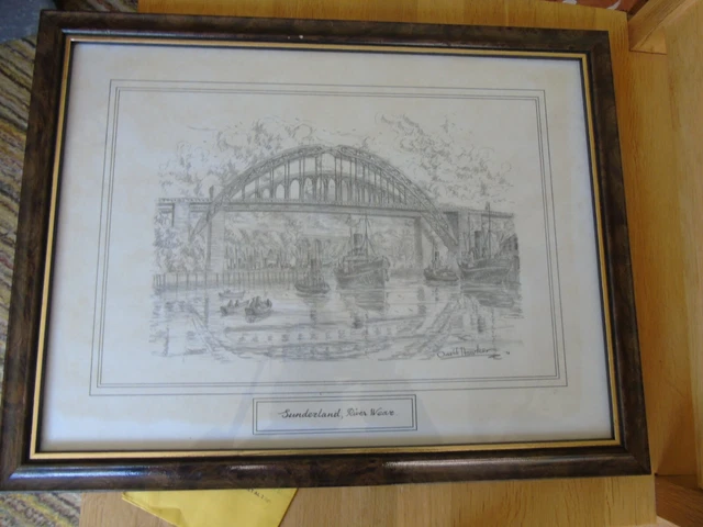DAVID HAWKER PENCIL DRAWING PRINT OF RIVER WEAR SIGNED & FRAMED 18" x ...