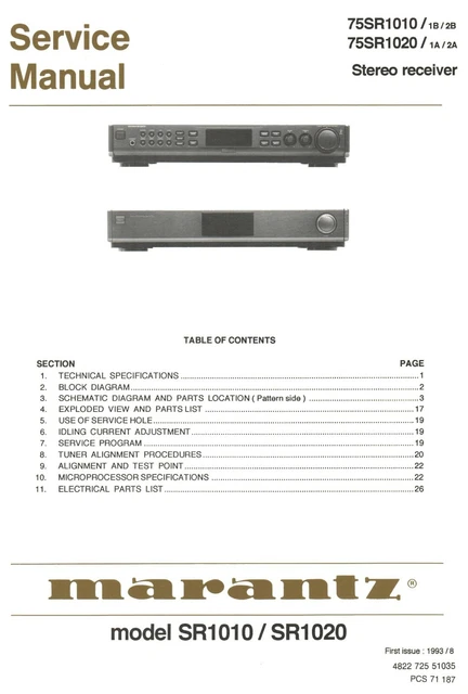 SERVICE MANUEL D'INSTRUCTIONS pour Marantz SR-1010, SR-1020 EUR 12,95 - PicClick FR
