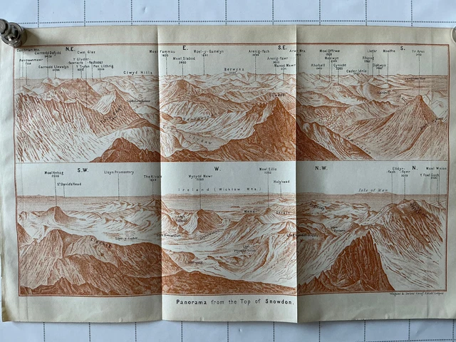 SNOWDON, PANORAMA VIEW, 1910 Original Antique County Map Moel Eilio ...