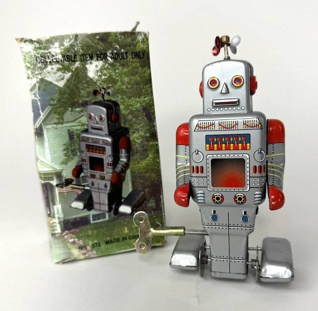 TIN LITHO TOY Robot Speedy Rolling MS372 Key Windup 5" Tall Retro ...