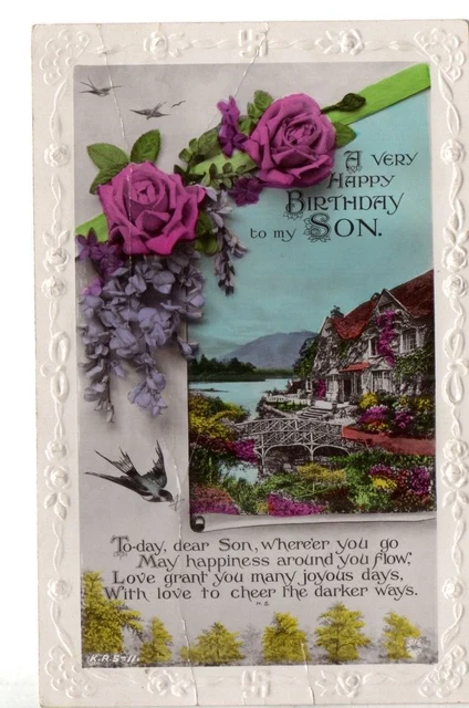 VINTAGE SON'S BIRTHDAY GREETING postcard: SCENE BIRDS swastika good ...