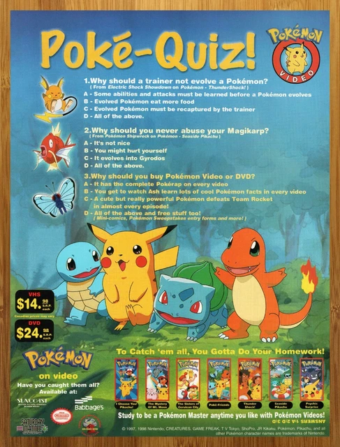 1998 POKEMON VIDEO Poke-Quiz! Print Ad/Poster DVD/VHS Promo Art ...