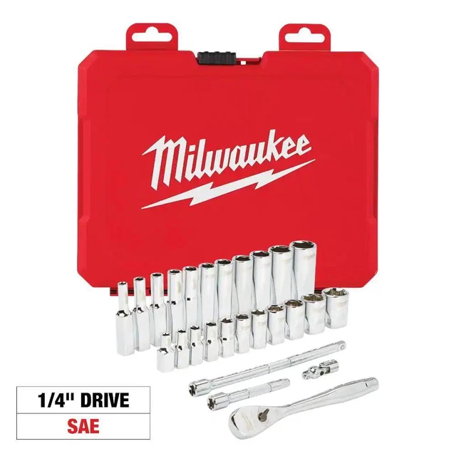 MILWAUKEE RATCHET & Socket Set 1/4 in. 90-Tooth Design Portable Case ...