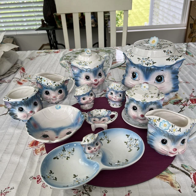 VINTAGE 11 PIECE Collection Lefton Blue “Miss Priss” Kitty Cat Made In ...