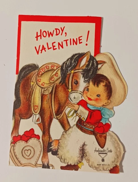 VINTAGE VALENTINE'S DAY Card 1950s Howdy Cowboy Horse Ambassador $6.50 ...