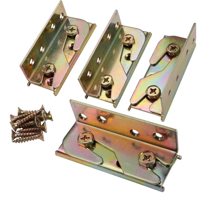 BED RAIL BRACKETS Set of 4 Heavy Duty Wood Bed Frame Hardware w Screws ...