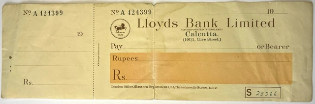 EARLY 20TH CENTURY Lloyds Bank Limited Calcutta Blank Cheque (W1) £8.00 ...