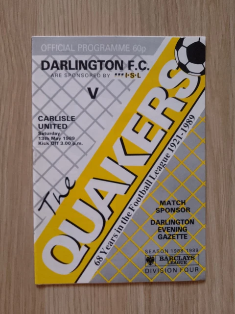 DARLINGTON (LAST HOME) v Carlisle United, Division Four, 1988/9 £2.23 ...