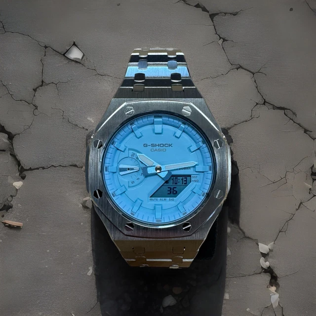 CUSTOM CASIO G-SHOCK GA-2100 Light Blue Face Casioak Stainless Steel ...