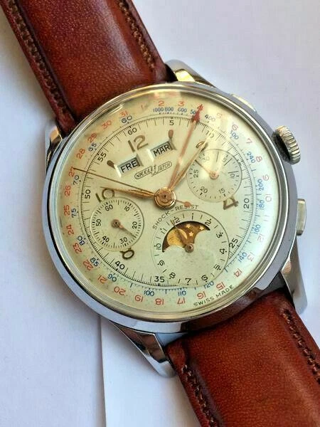 ULTRA-RARE NICOLET VALJOUX 88 triple calendar moonphase chronograph £ ...