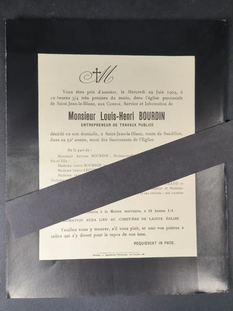FAIRE-PART DÉCÈS, LOUIS Henri Bourdin,1853-1904, Saint-Jean-le-Blanc ...