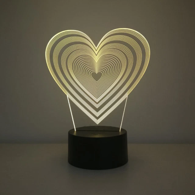 HEART SHAPE 3D Optical Illusion LED Light USB Night Light Bedroom Table ...