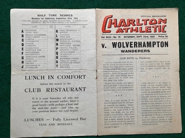 ANTIQUE FOOTBALL PROGRAMME CHARLTON ATHLETIC V WOLVES 19th September ...