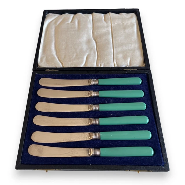 ART DECO 1920'S Turquoise Handle 6 Butter Dessert Table Knives in Case ...