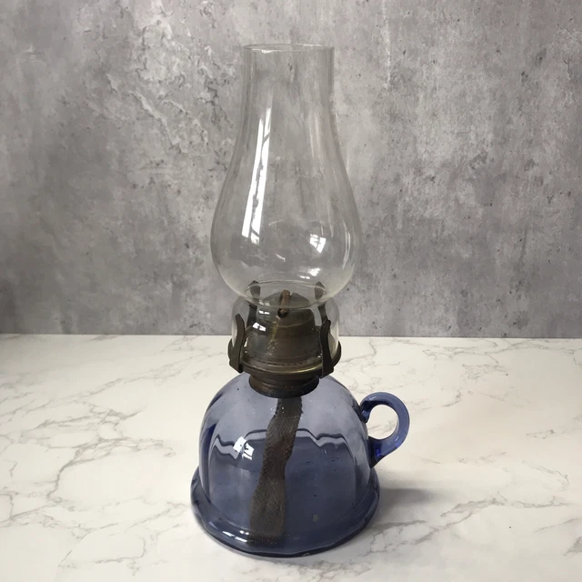 VICTORIAN BLUE GLASS Finger Oil Lamp with Griffin Brand Chimney & wick ...