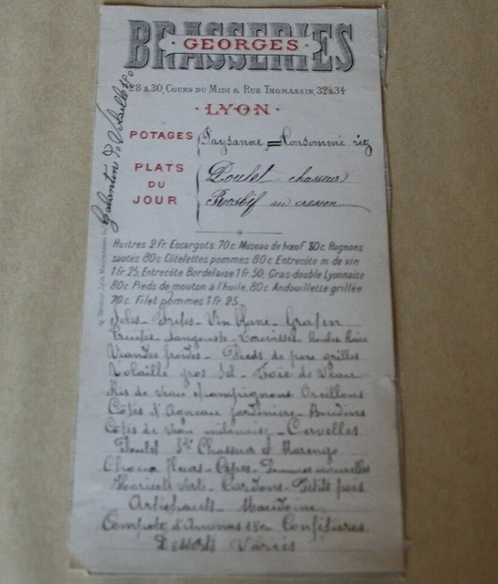 ANCIEN MENU brasseries GEORGES cours du midi &rue Thomassin LYON début ...