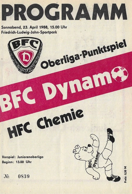 DDR FUSSBALLPROGRAMM BFC Dynamo - HFC Chemie DDR Oberliga 1987/88 EUR 2 ...