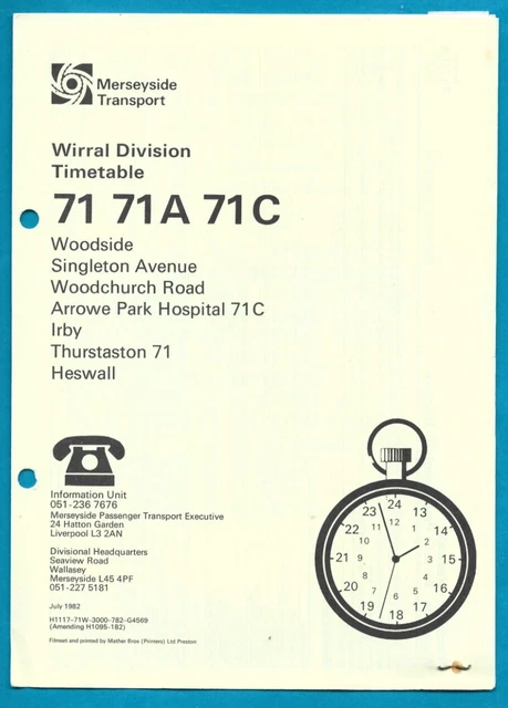 MERSEYSIDE TRANSPORT 71 71A 71C Woodside/Heswall timetable 7/82 £1.30 ...