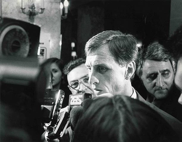 COACH JOHAN CRUIJFF of FC Barcelona being interviewed by the media ...