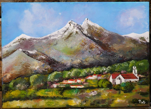 GRAND TABLEAU SIGNÉ Piotr: hameau de montagne EUR 15,00 - PicClick FR