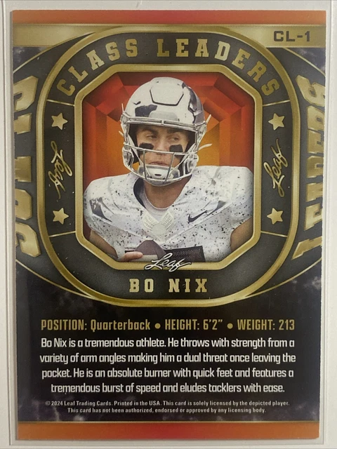 2024 LEAF FOOTBALL Class Leaders Bo Nix #CL-1 Rookie Card RC Denver ...