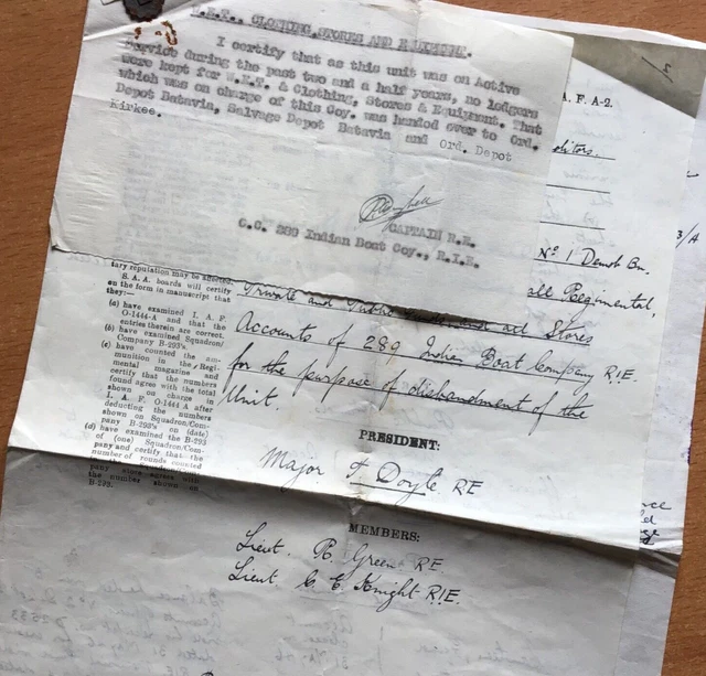 ORIGINAL WW2 BRITISH INDIAN ARMY PAPERS: 289 Indian Boat Company, R.I.E ...