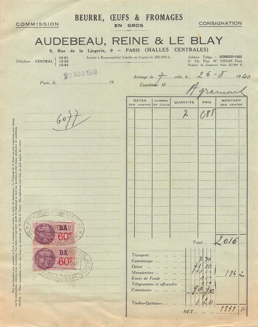 1856 1940 Facture Audebeau Reine & Le Blay Halles A Paris - - Laite EUR ...
