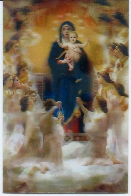 IMMAGINE VOTIVA OLOGRAFICO Vergine Maria Bambini Gesù Rosario 8,3 CM X ...