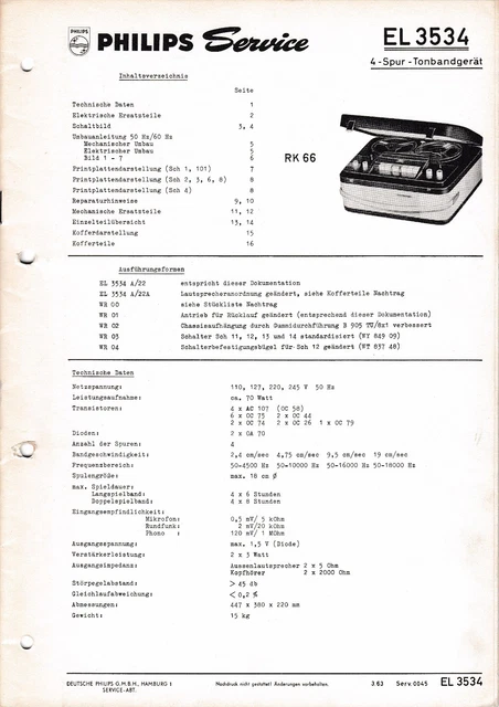 SERVICE MANUEL D'INSTRUCTIONS pour Philips El 3534, RK 66 EUR 10,60 ...