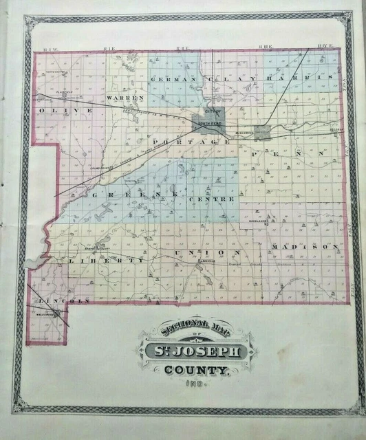 ST. JOSEPH COUNTY Indiana 1875 Sectional Map shows Notre Dame, South ...