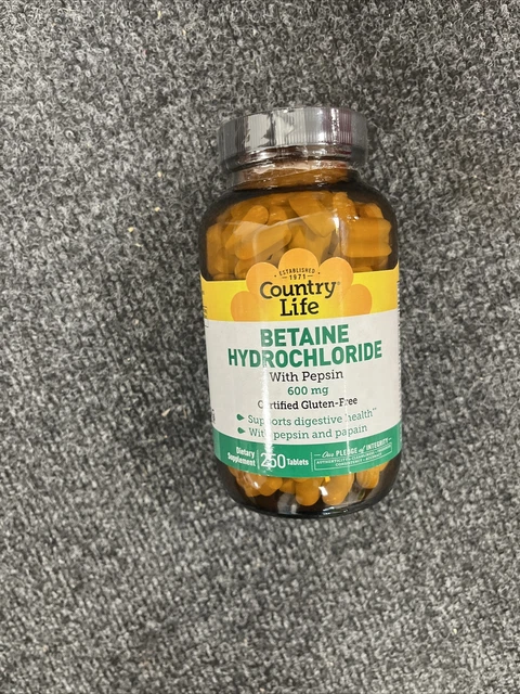 COUNTRY LIFE BETAINE HCL with Pepsin 600mg 250 Tablets, Digestive ...