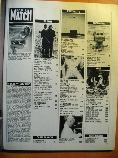 PARIS MATCH N° 1644 du 28/11/1980. Miss Monde Gabriella Brum. John ...