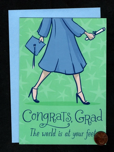 GRADUATION GIRL BLUE Gown Cap Heels Diploma - Greeting Card W/ TRACKING ...