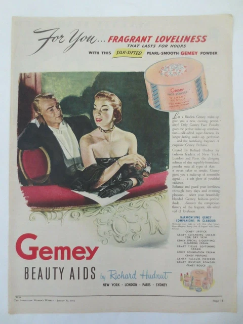 VINTAGE AUSTRALIAN ADVERTISING 1952 ad GEMEY BEAUTY AIDS face powder ...