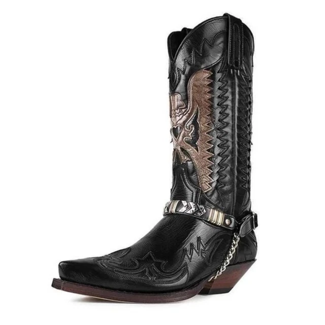MEN'S KNIGHT BOOTS Embroidered High-Top Mid-Heel Motorcycle Boots ...