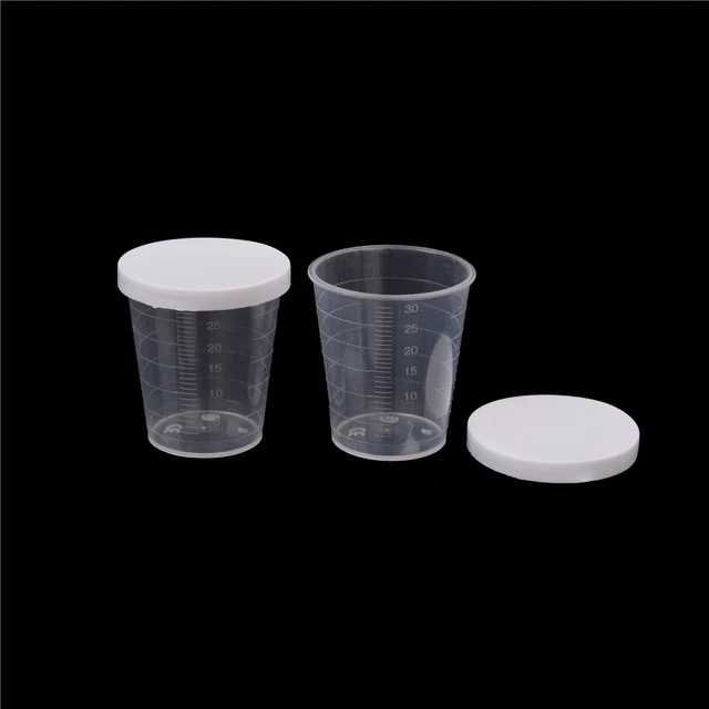 10X 30ML PLASTIC Lab Test Liquid Measuring Container Cups with Cap D-$j ...