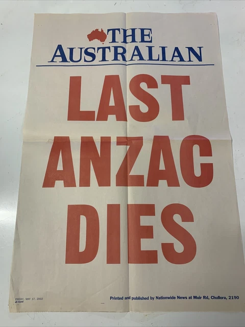 ANZAC WW1 GALIPOLLI Original Genuine Newspaper Poster Last Anzac Dies ...