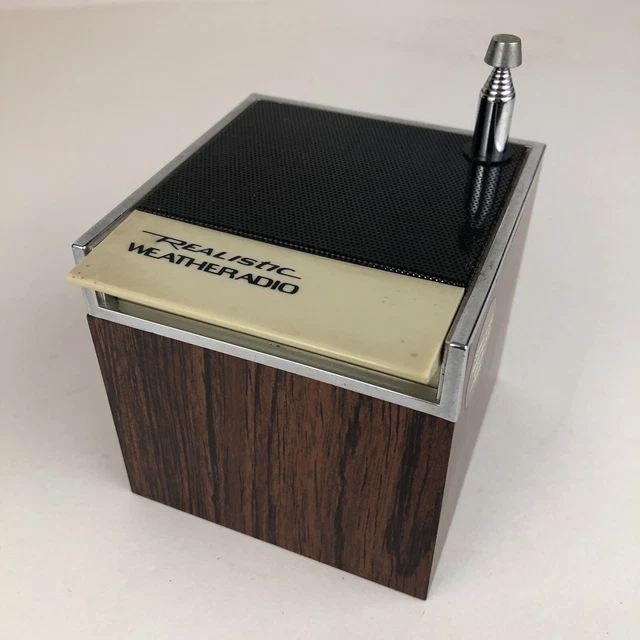 VINTAGE MCM REALISTIC Radio Shack Weather Radio Cube Faux Walnut Wood ...