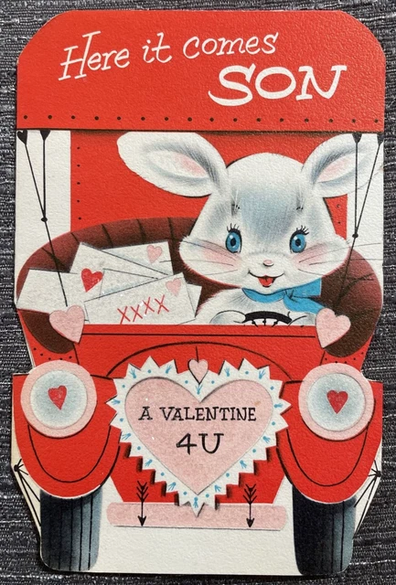 VINTAGE VALENTINE GREETING Card Here It Comes Son Bunny Car Glitter ...