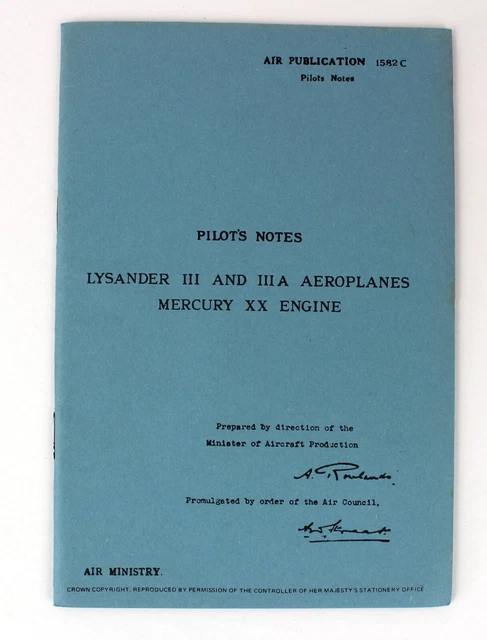 PILOT'S NOTES LYSANDER III A Mercury Aeroplane Engine Aircraft History ...