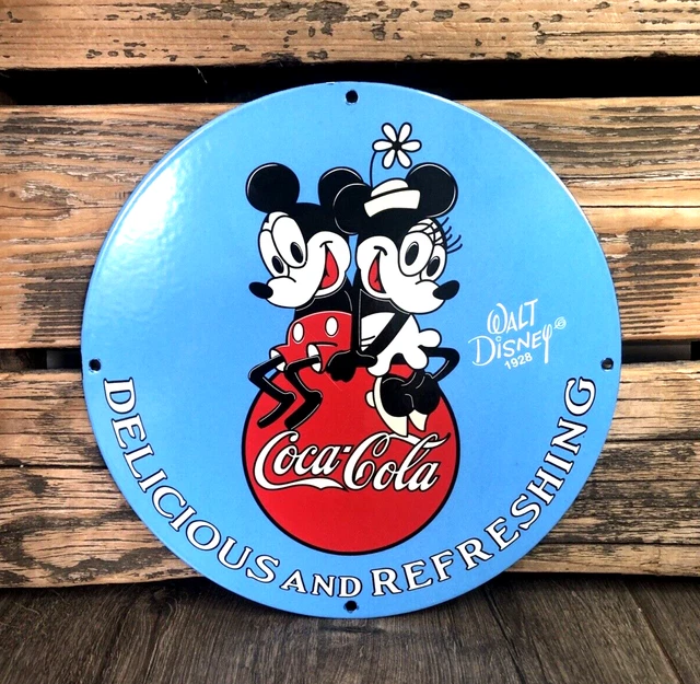 VINTAGE MICKEY MOUSE Porcelain Sign Drink Coca Cola Soda Pop Gas Oil ...