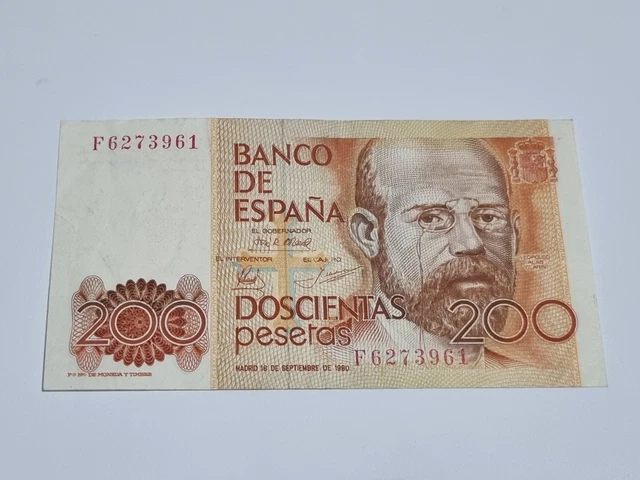 VINTAGE 200 PESETA Banknote 1980 Series F Bank of Spain Leopoldo Alas ...