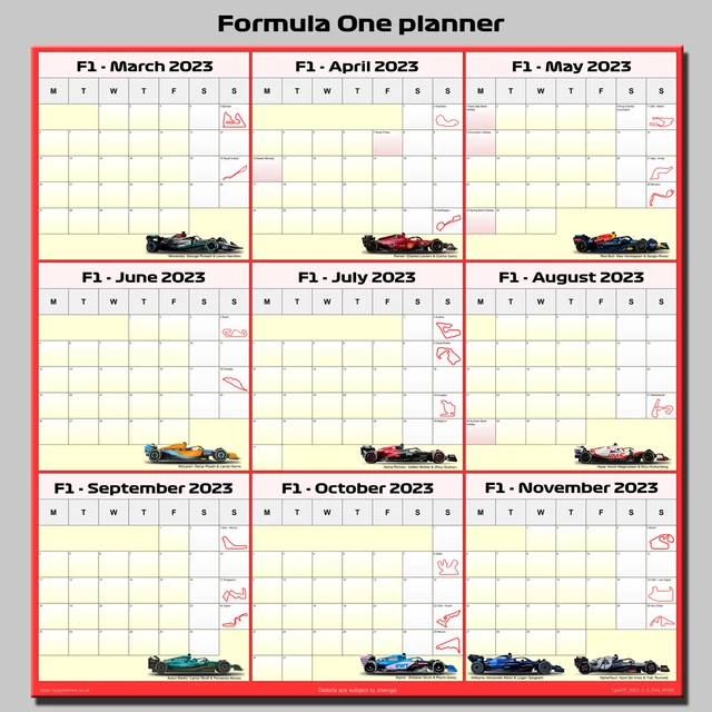 F1 2023 FORMULA One calendar wall planner poster - dates, tracks, cars ...