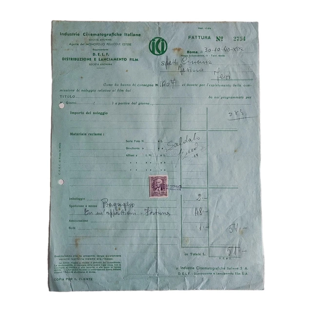 1940 D.E.L.F. ITALIAN Film Industries ICI Roma Invoice C02927 £19.85 ...