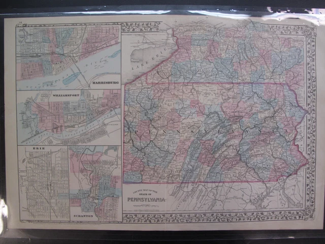 ANTIQUE HAND COLORED County Map State of Pennsylvania Harrisburg ...
