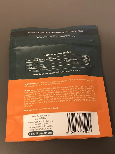 NUTRITION GEEKS VITAMIN D3 K2 365 Vegan Tablets 4000iu D3 100ug K2 MK-7 ...