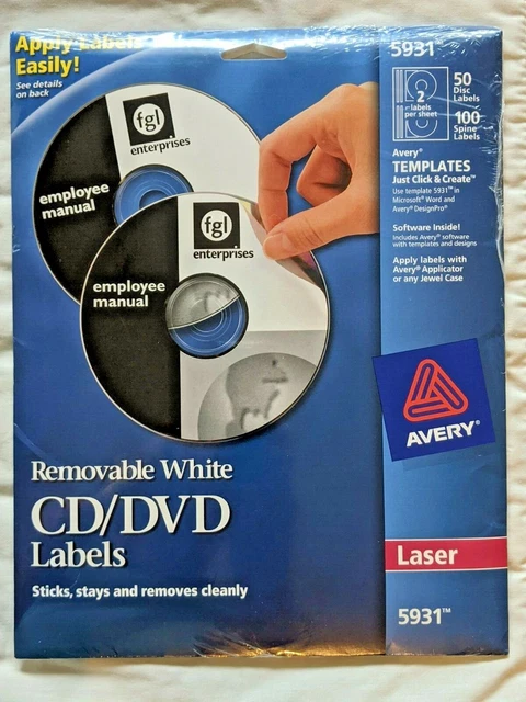 AVERY REMOVABLE WHITE CD DVD Labels 50 Disc Labels 100 Spine 5931 Laser ...