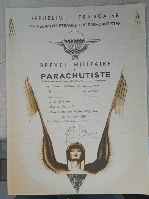 FRENCH FOREIGN LEGION certificate 2REP Brevet De PARACHUTISTE LARGE £6. ...