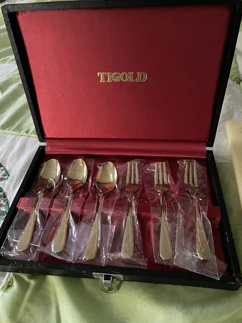 VINTAGE YAMACO JAPAN STAINLESS TIGOLD 6 PIECE SET FORK AND SPOON Mint ...