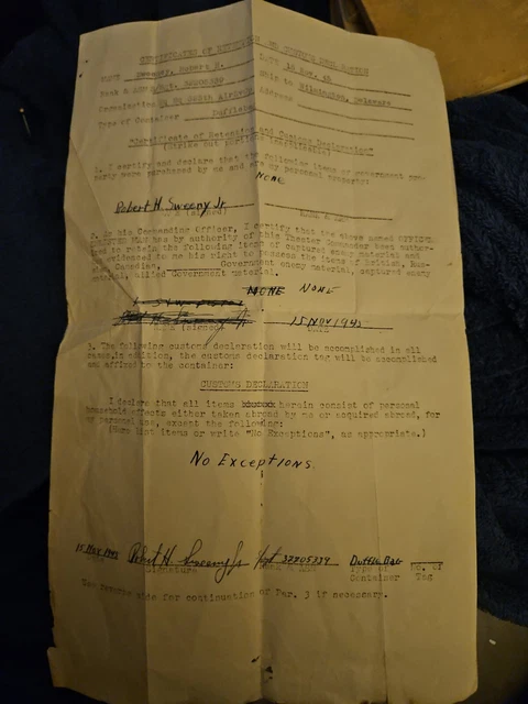 WW2 ORIGINAL CERTIFICATE Of Retention And Customs Declaration £19.06 ...